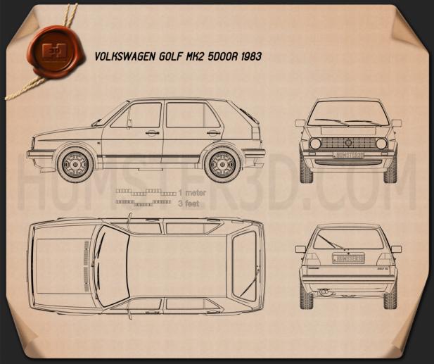 Volkswagen Golf Mk2 5 door 1983 Blueprint Hum3D volkswagen-golf-mk2-5-door-1983-blueprint-hum3d