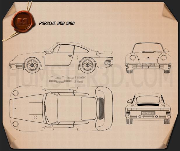 Porsche 959 1986 Blueprint - Hum3D